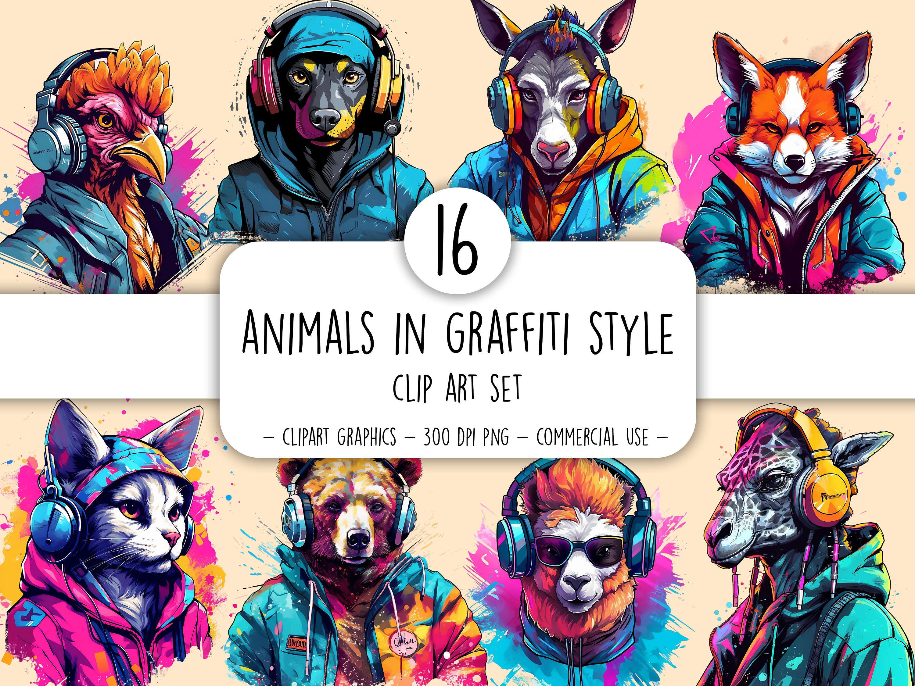 Animals in Graffiti Style Clip Art Set Digital Printable 80s Animal ...
