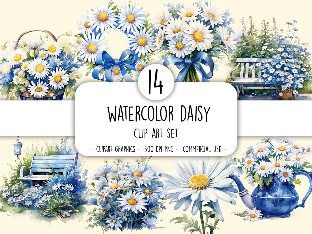 Watercolor Daisy Themed Clip Art Set Printable Daisy Themed Graphics ...