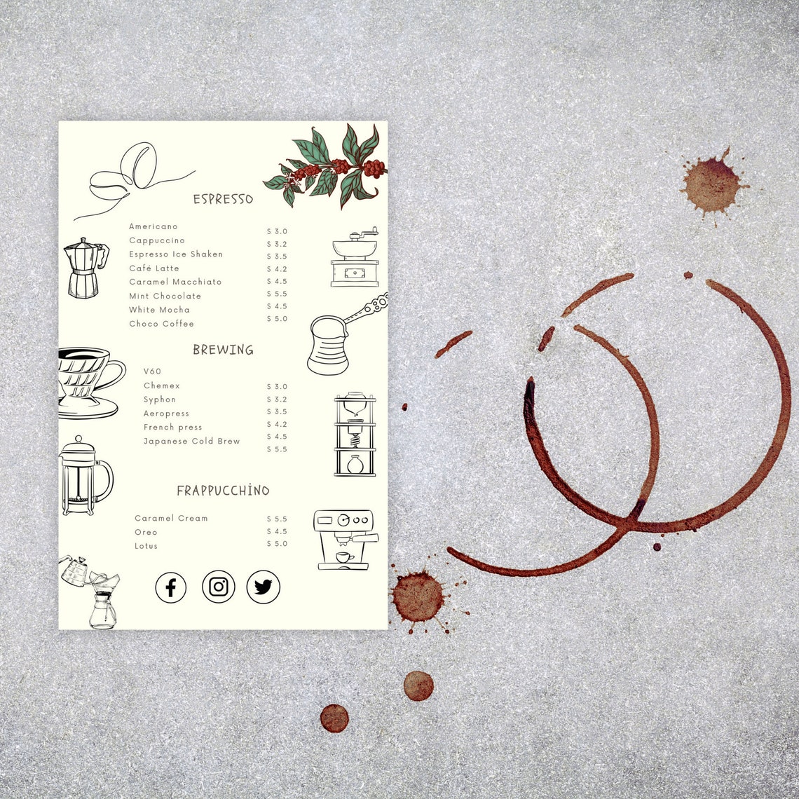 Customizable Coffee Shop Menu Template - Summer Cafe Branding (11x17 ...