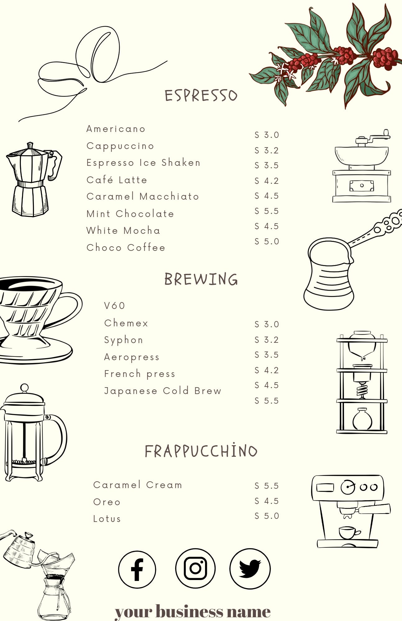 Customizable Coffee Shop Menu Template - Summer Cafe Style, DIY ...