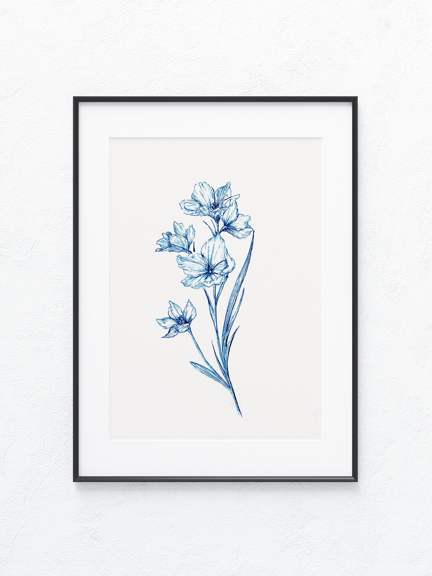Vintage Flower Hand-drawn Poster Digital Download Blue Pen Botanical ...