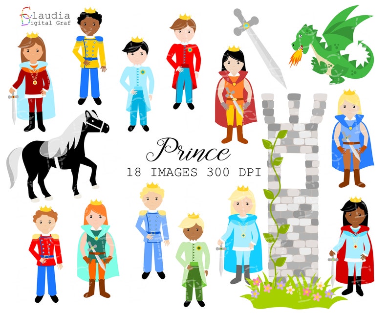 18 Digital Prince Clipart, the Package Includes Princes, Sword, Horse ...