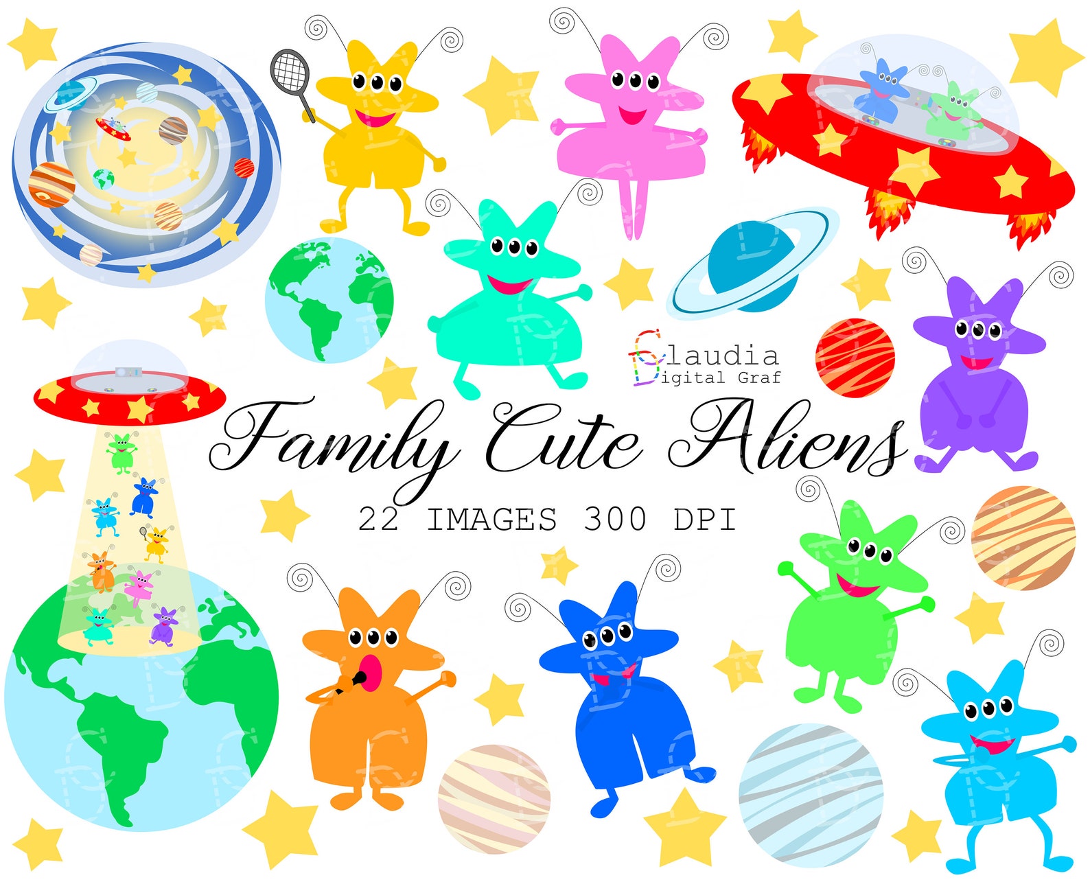 Set 22 Family of Cute Aliens Clipart, Aliens Creatures Clipart Set ...
