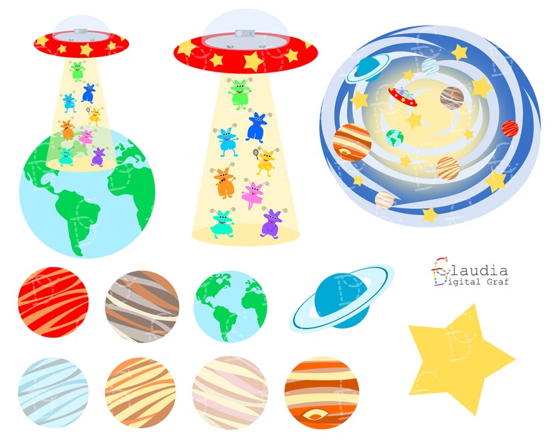 Set 22 Family of Cute Aliens Clipart, Aliens Creatures Clipart Set ...