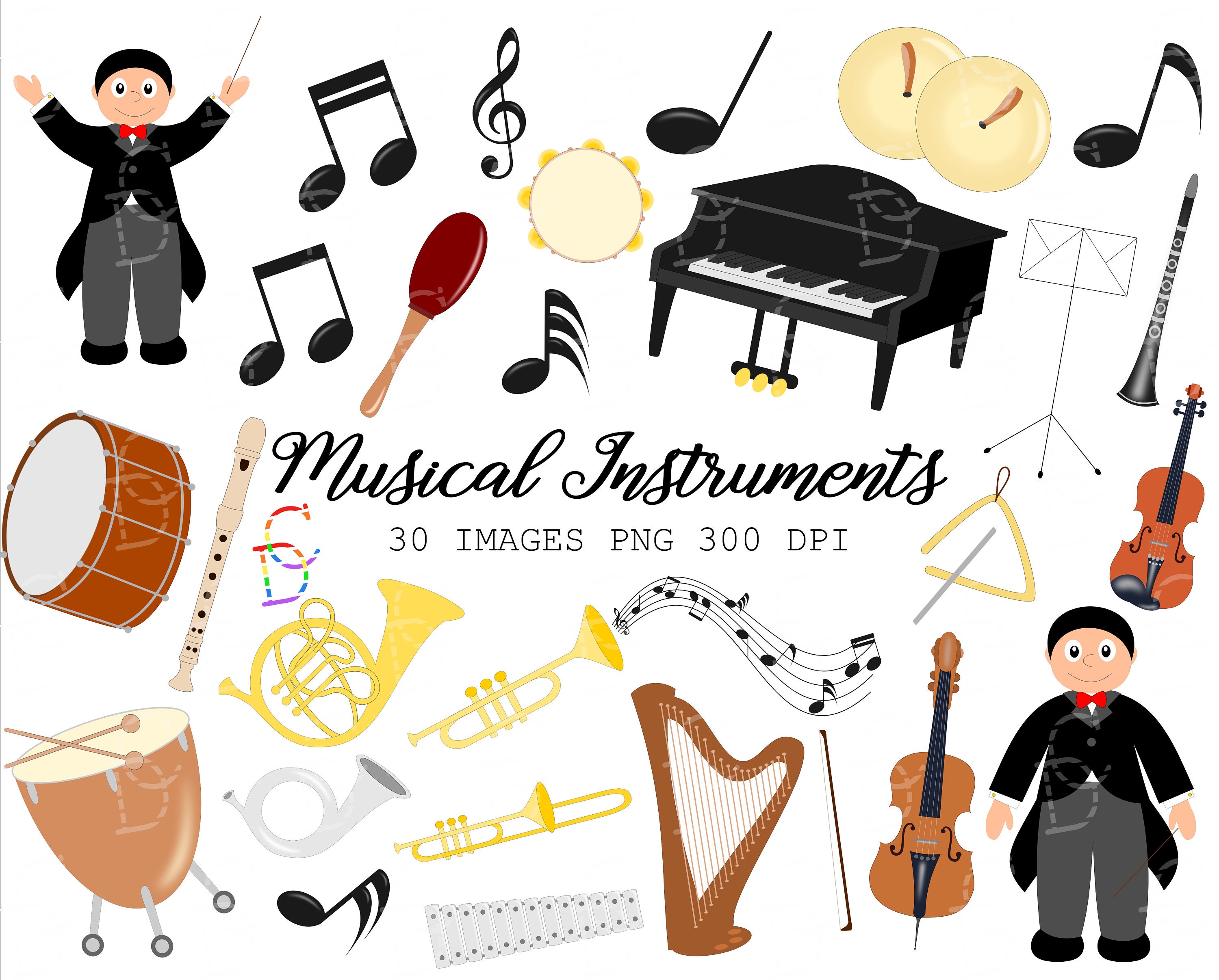 30 Musical Instruments Clip Art,concert Band Acoustic Clipart, String ...