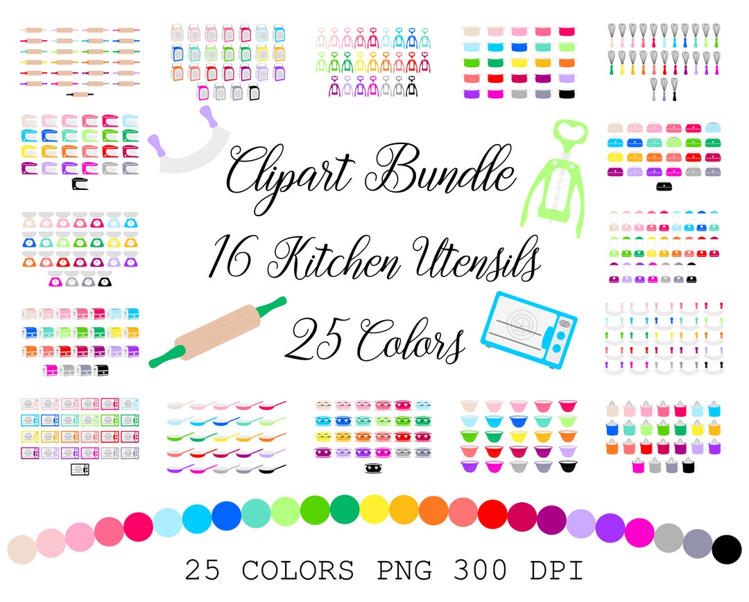 Kitchen Utensils Clipart Pack, 16 Kitchen Supplies for 25 Coordinated ...