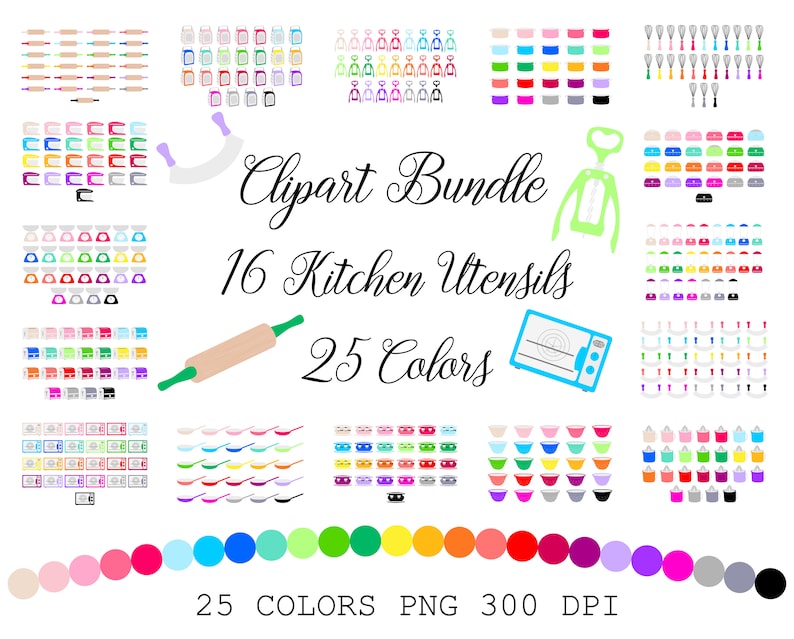 Kitchen Utensils Clipart Pack, 16 Kitchen Supplies for 25 Coordinated ...