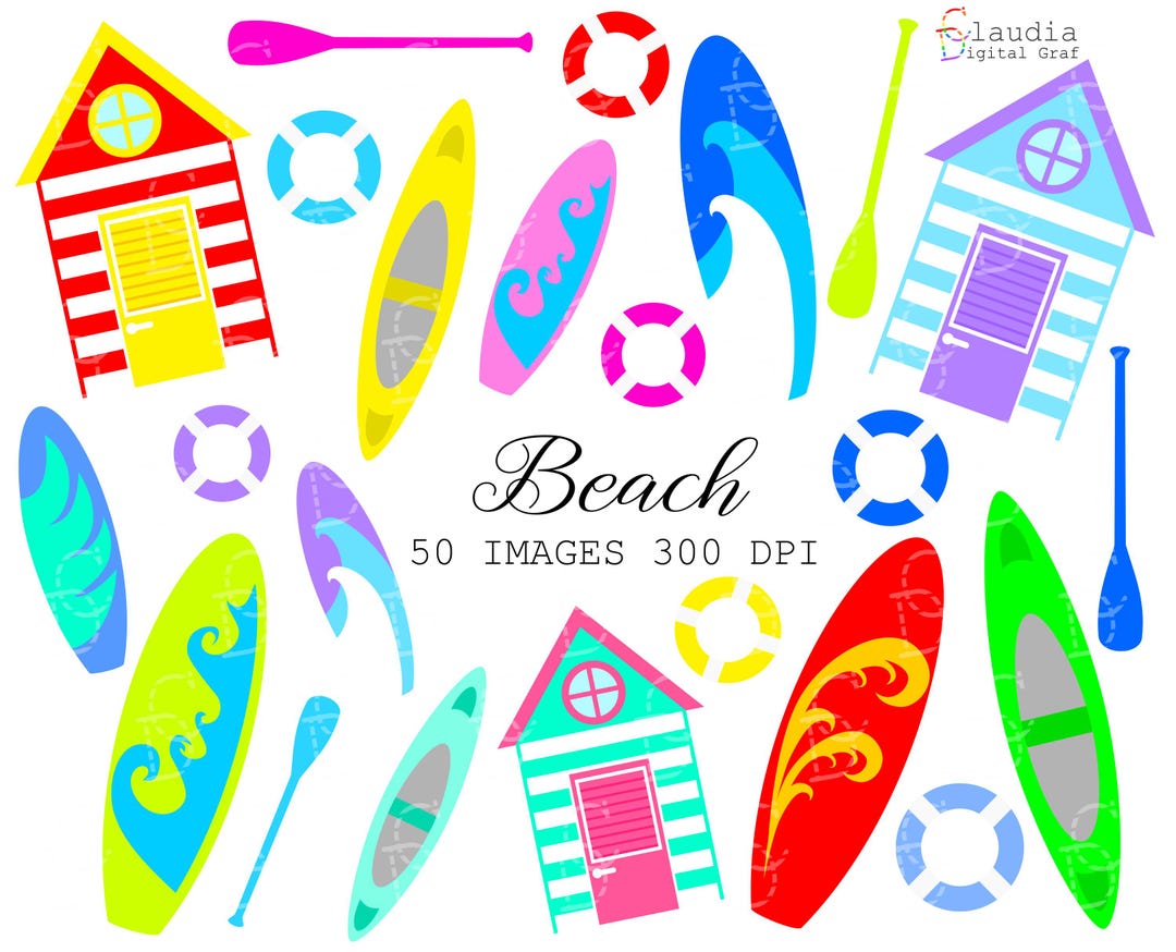 50 Summer Beach Clipart, Beach Hut Nautical, Colorful Surfboards, Sport ...