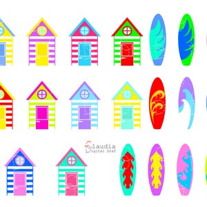 50 Summer Beach Clipart, Beach Hut Nautical, Colorful Surfboards, Sport ...