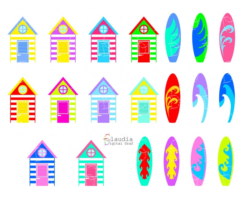 50 Summer Beach Clipart, Beach Hut Nautical, Colorful Surfboards, Sport ...