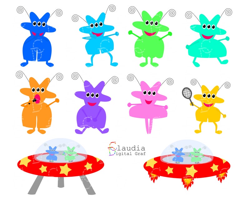 Set 22 Family of Cute Aliens Clipart, Aliens Creatures Clipart Set ...