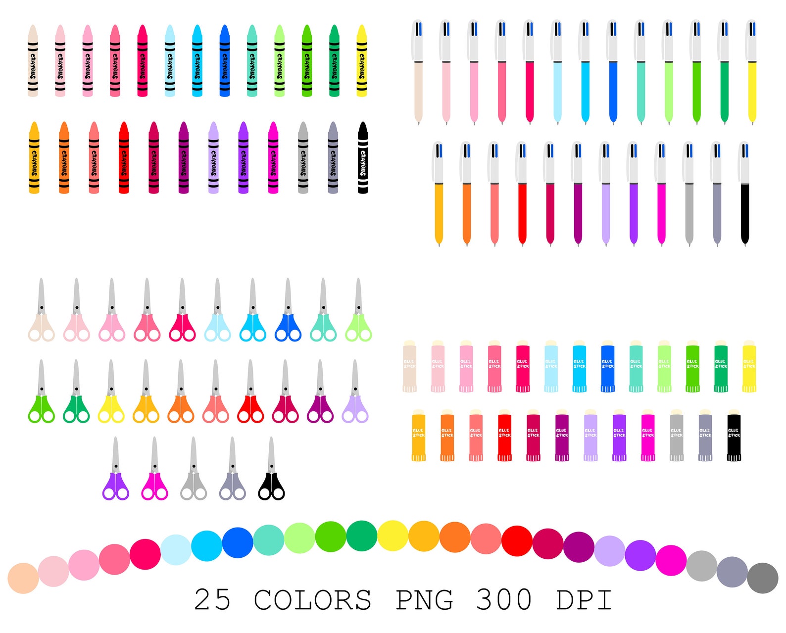 SCHOOL EQUIPMENT Clipart Pack, 16 SCHOOL Items for 25 Coordinated Colors, 400 Images With ...