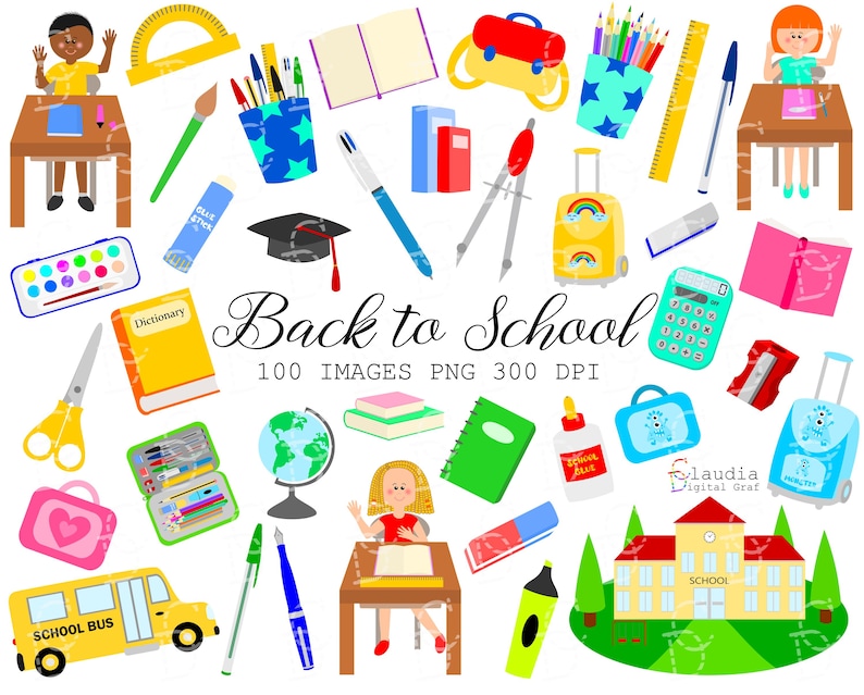 100 School Clipart Set, School Supplies Cute, Back to School, Students ...