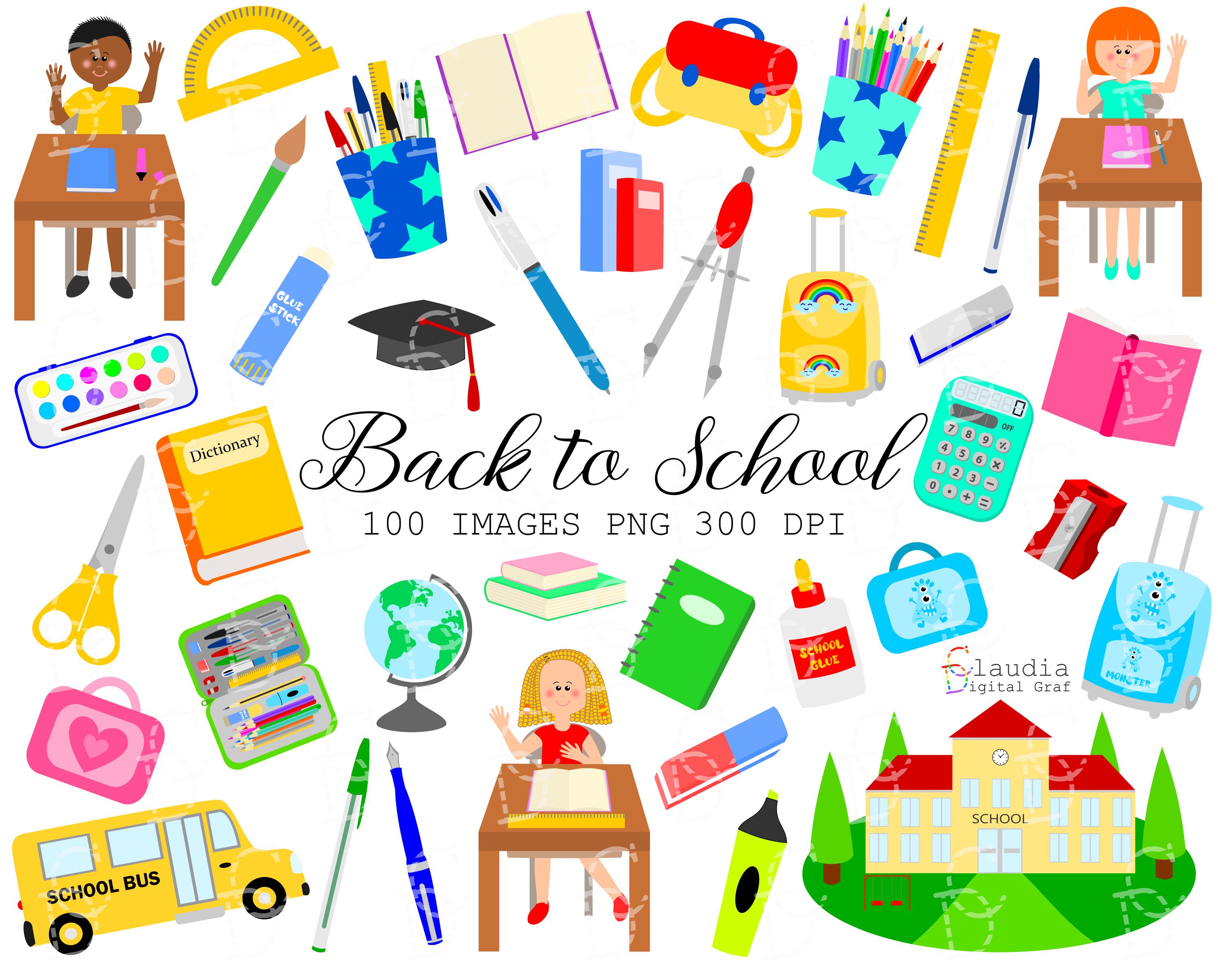 100 School Clipart Set, School Supplies Cute, Back to School, Students ...