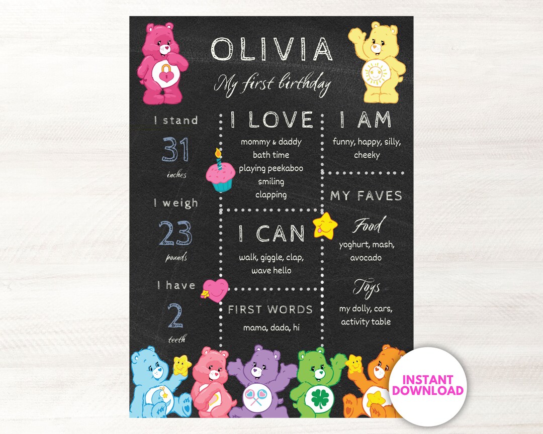 Care Bears 1st Birthday Board Instant Download, First Birthday Poster ...