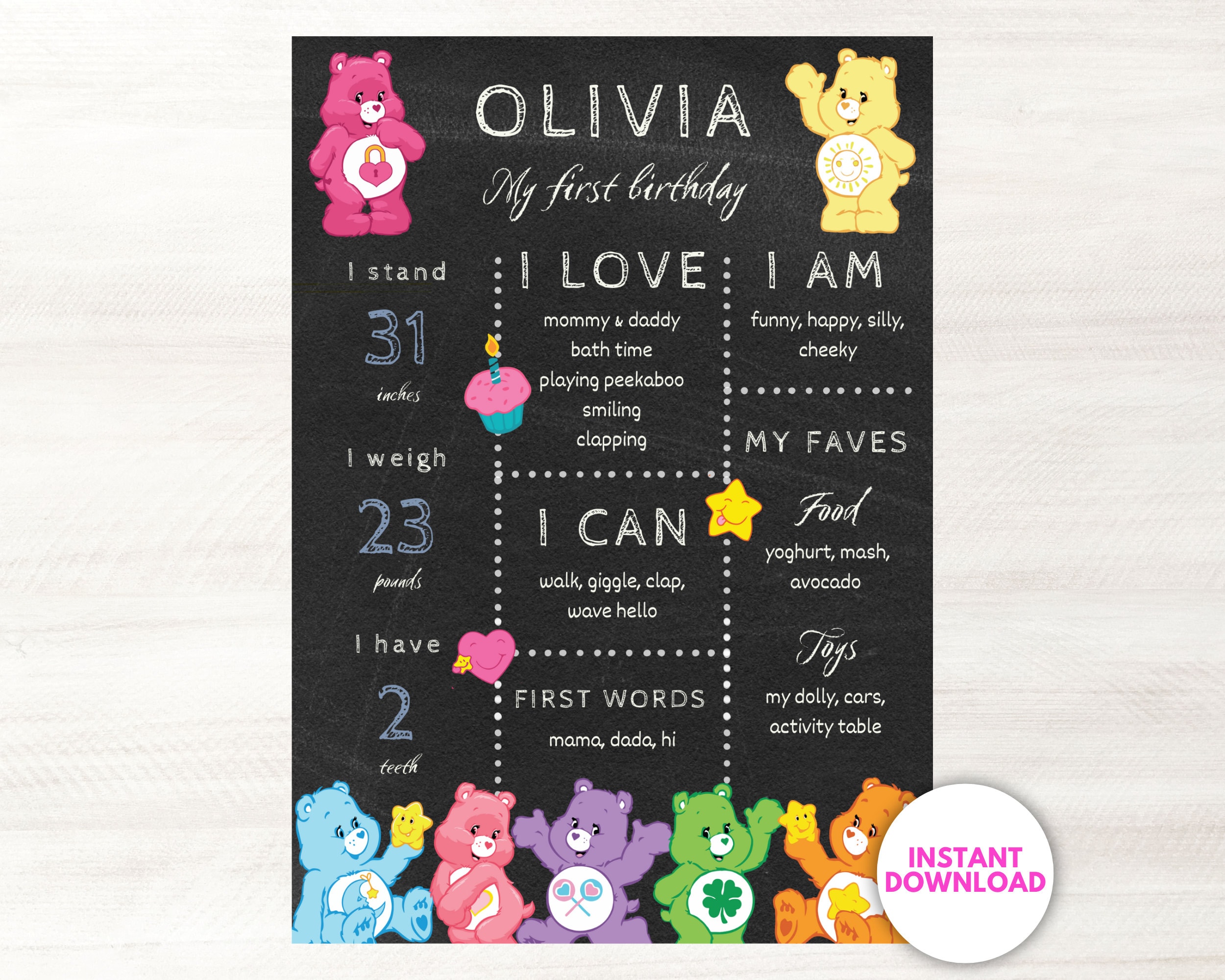 Care Bears 1st Birthday Board Instant Download, First Birthday Poster ...