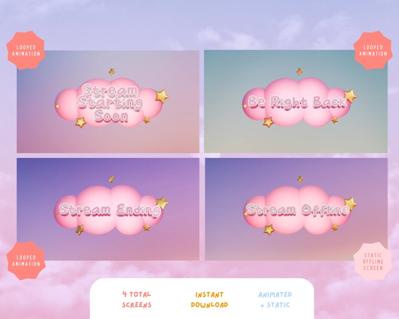 Animated Twitch Screens for Streaming Pastel Pink Clouds Cute - Etsy
