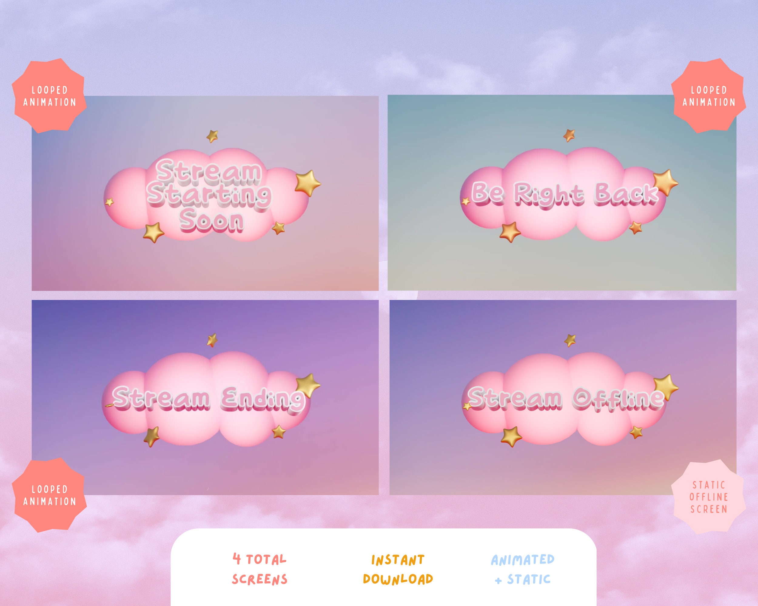 Animated Twitch Screens for Streaming Pastel Pink Clouds Cute Kawaii ...