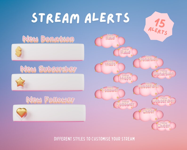 Twitch Stream Alerts Pack for Streaming Pastel Pink Clouds Cute Kawaii ...