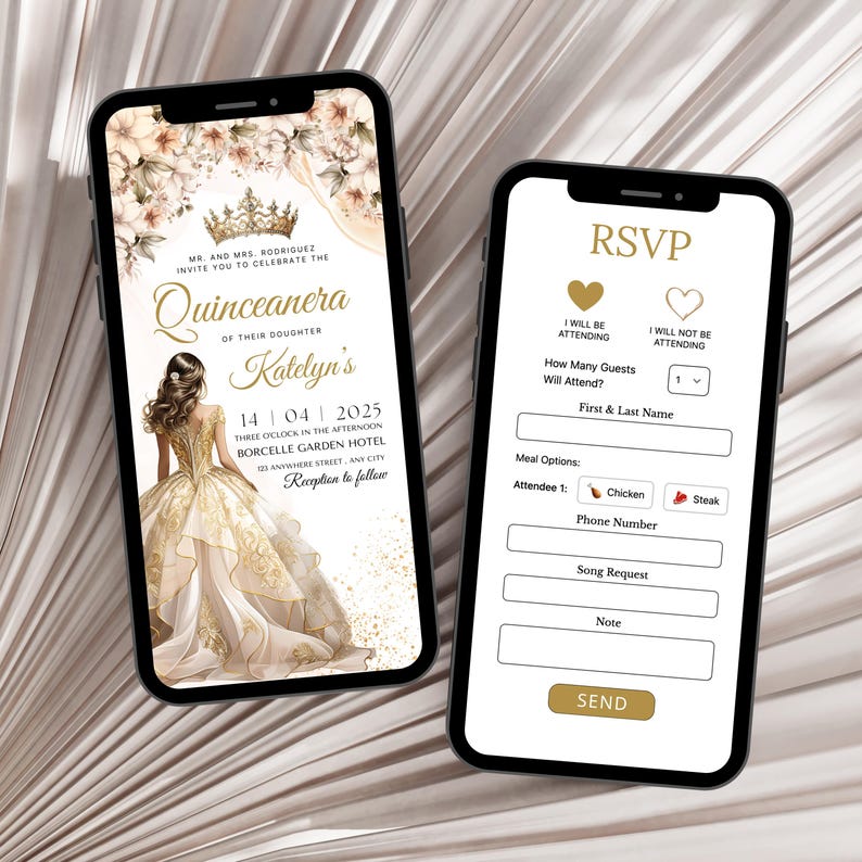 Ivory & Gold Floral Quinceanera Invitation Website With Online RSVP and ...