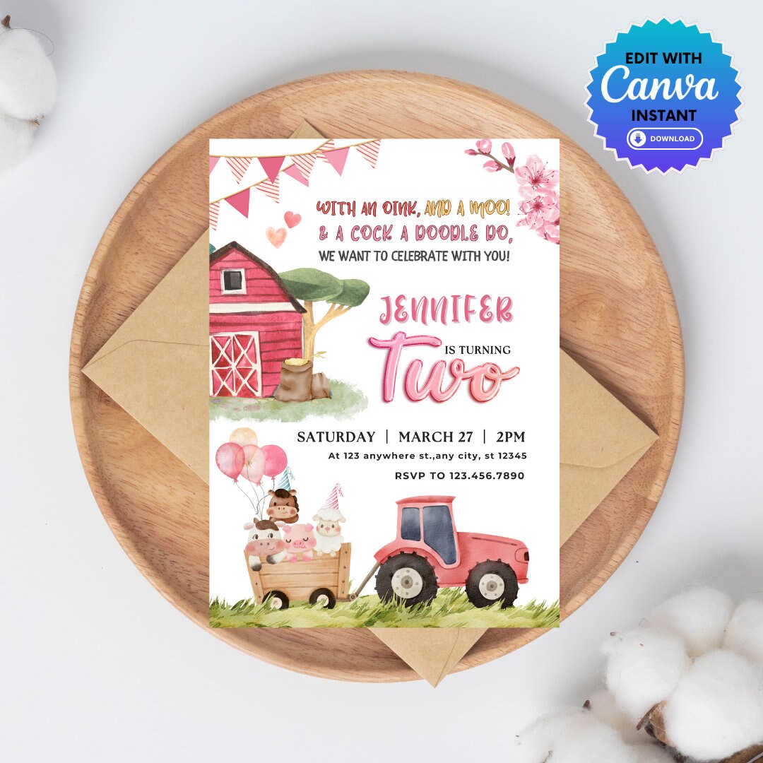Pink Barn Birthday Invitation, Farm Birthday Invitation, 2nd Birthday ...