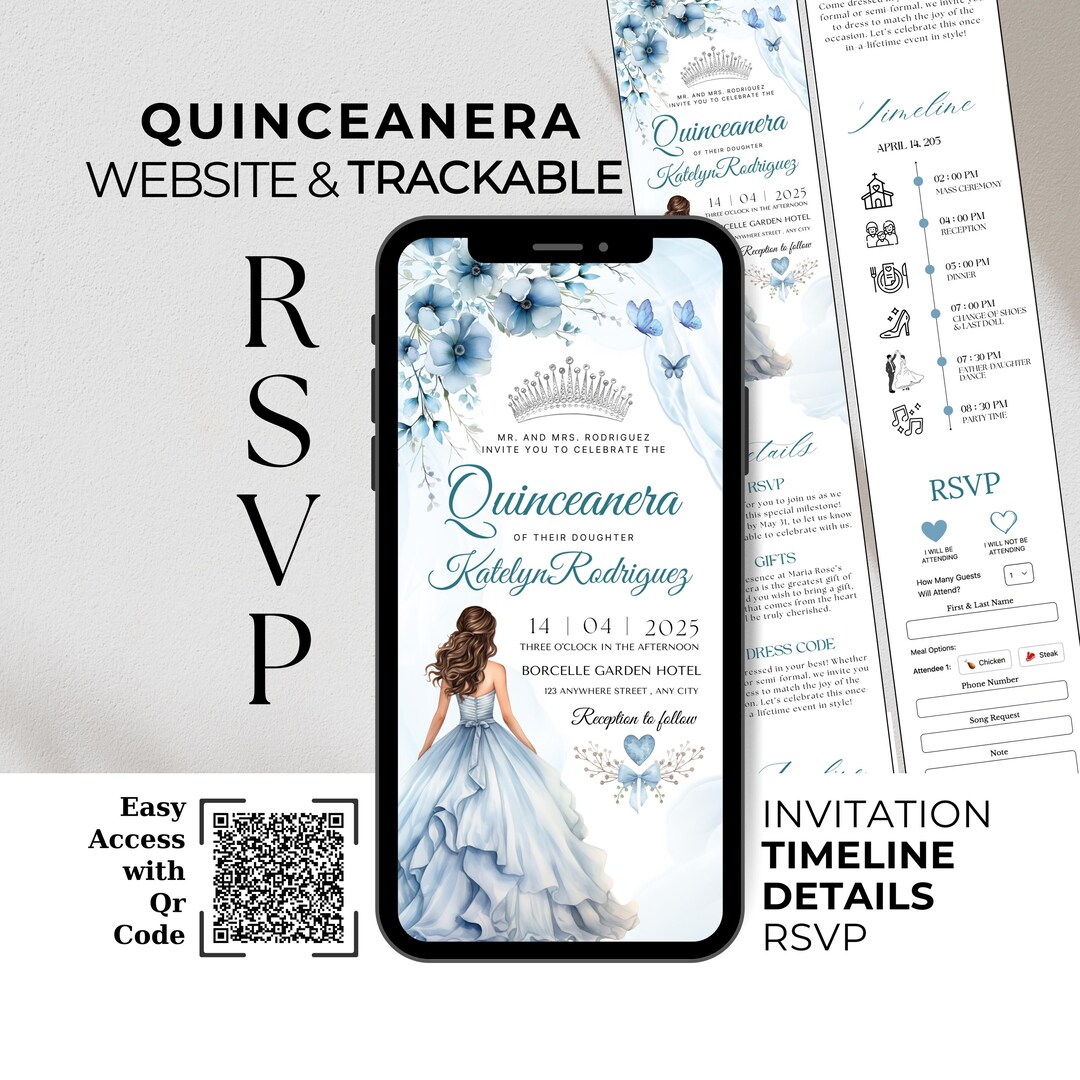 Dusty Blue Floral Quinceanera Website Invitation With Online RSVP ...