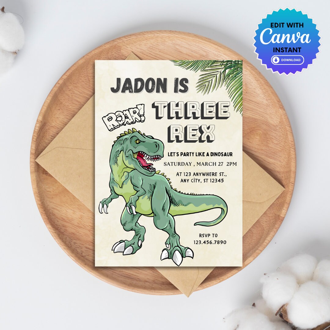 Three Rex Birthday Invitation, Jurassic World Party Invite, Dinosaur ...