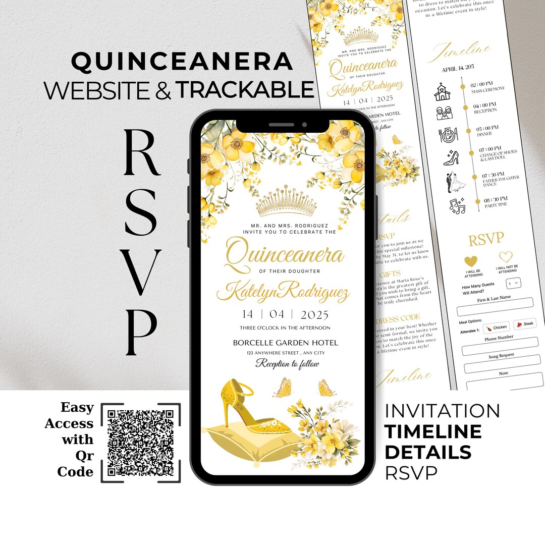 Yellow Quinceanera Invitation Website Template & Online RSVP, Gold ...