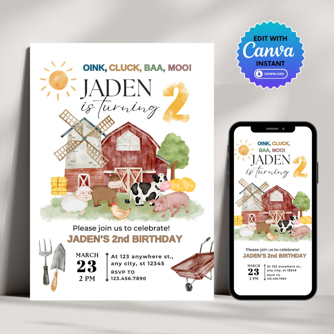 Farm Birthday Editable Invitation, 2nd Birthday Farm Theme Invite ...