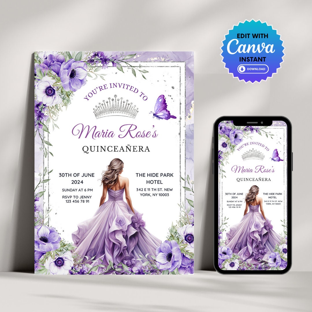 Lilac Floral Silver Quinceanera Invitation, Lavender Purple Princess ...