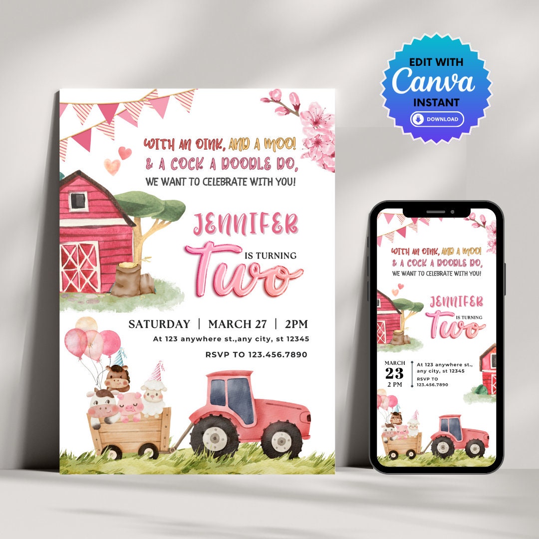 Pink Barn Birthday Invitation, Farm Birthday Invitation, 2nd Birthday ...