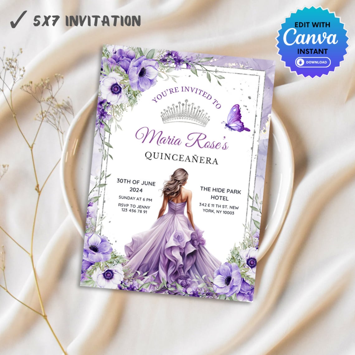 Lilac Floral Silver Quinceanera Invitation, Lavender Purple Princess ...