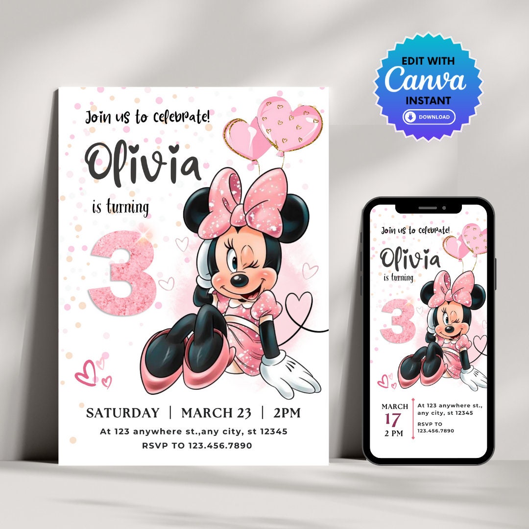 Minnie Mouse 3rd Birthday Invitation, Minnie Mouse Editable Invitation ...