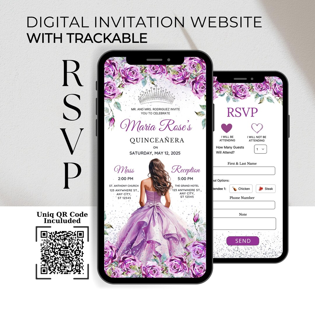 Lavender Roses Quinceanera Website Invitation: Online RSVP & QR Code ...