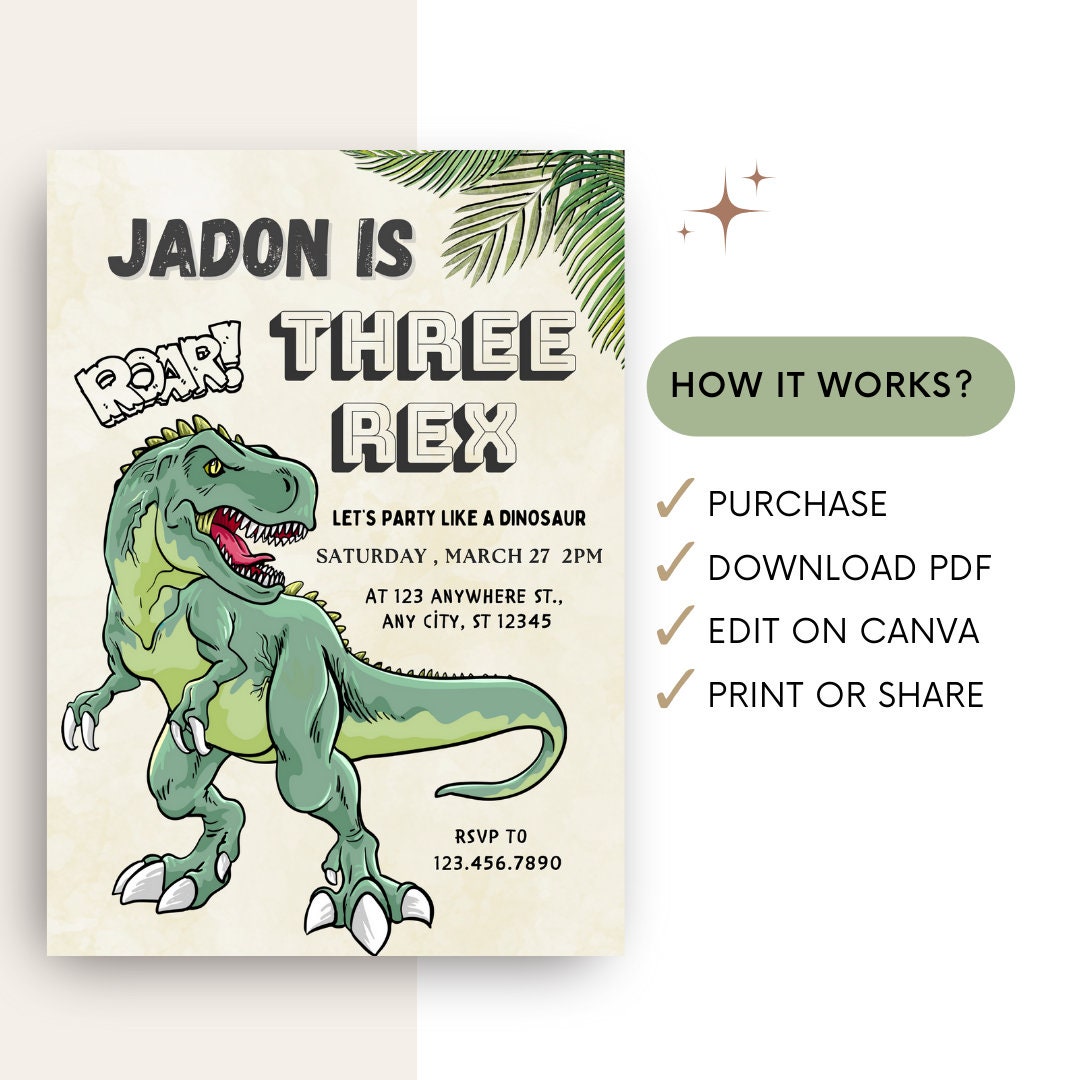 Three Rex Birthday Invitation, Jurassic World Party Invite, Dinosaur ...