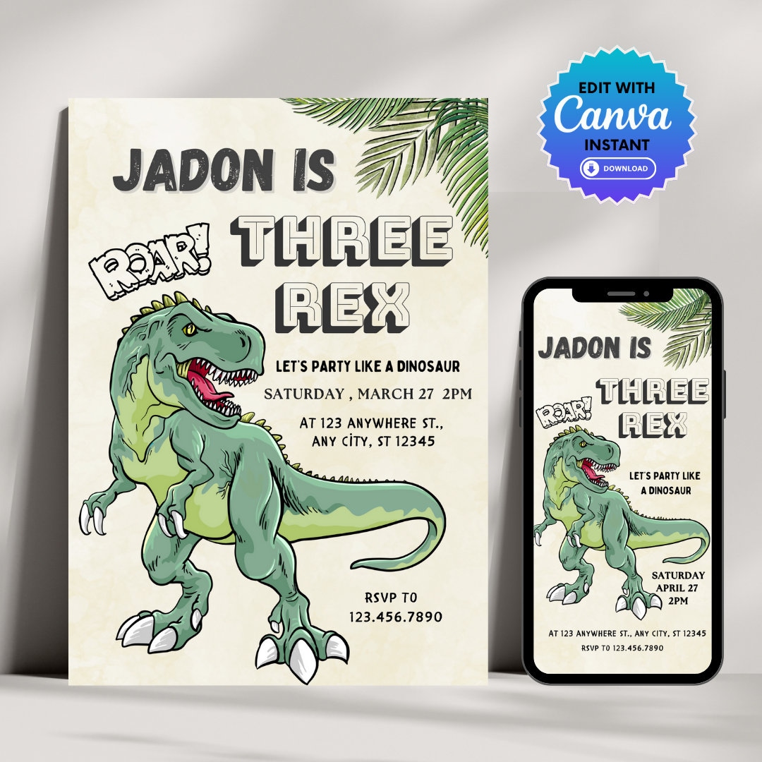 Three Rex Birthday Invitation, Jurassic World Party Invite, Dinosaur ...