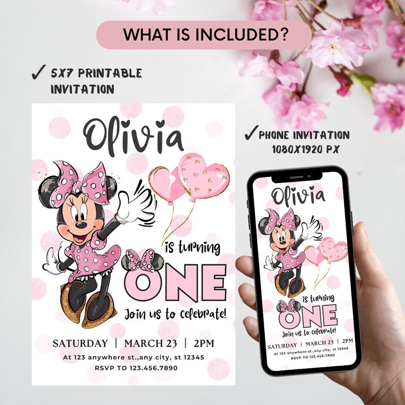 Invitación de Minnie Mouse para primer cumpleaños, plantilla de invitación imprimible para ...