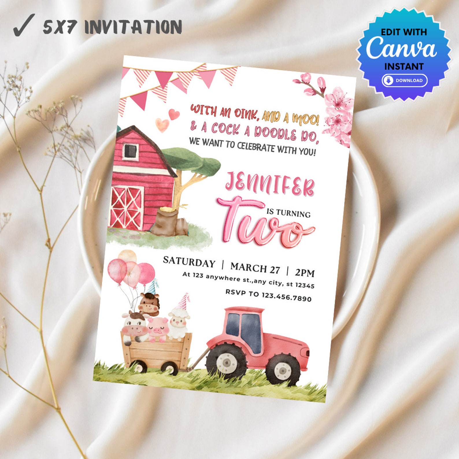 Pink Barn Birthday Invitation, Farm Birthday Invitation, 2nd Birthday ...