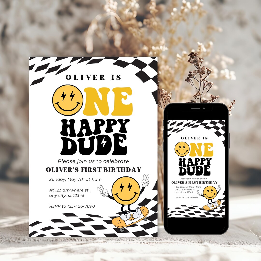 Retro Smiley Face First Birthday Invitation: One Happy Dude (digital ...