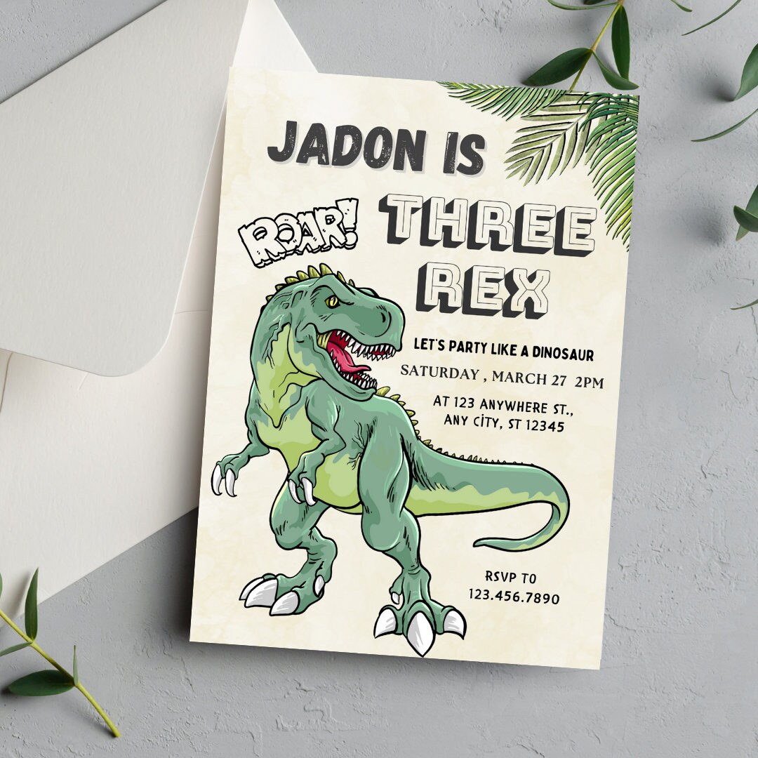 Three Rex Birthday Invitation, Jurassic World Party Invite, Dinosaur ...