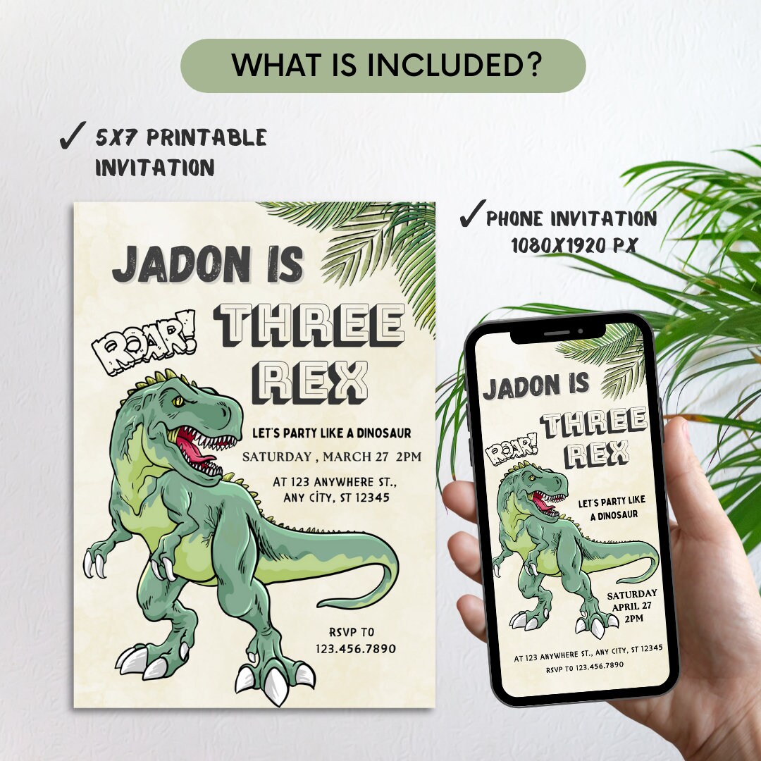 Three Rex Birthday Invitation, Jurassic World Party Invite, Dinosaur ...