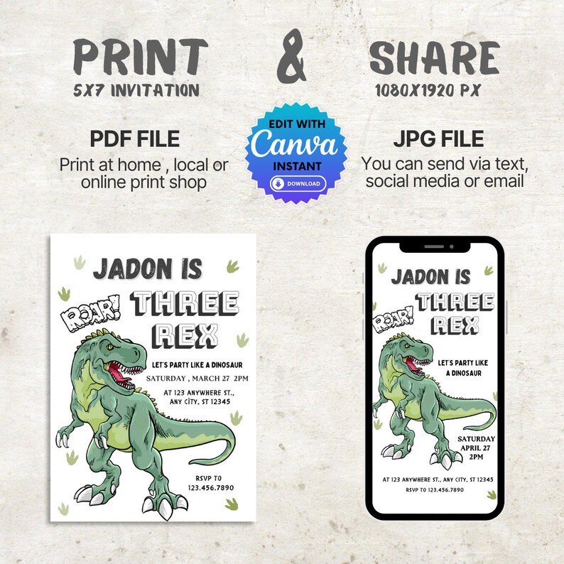 Three Rex Birthday Invitation, Dinosaur 3rd Birthday Invite, T Rex ...