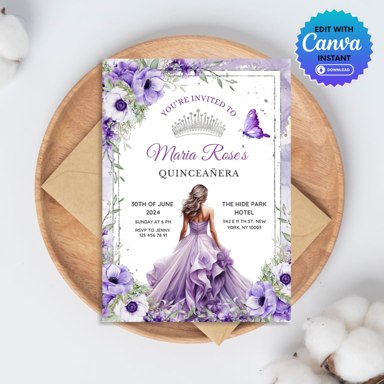 Lilac Floral Silver Quinceanera Invitation, Lavender Purple Princess ...