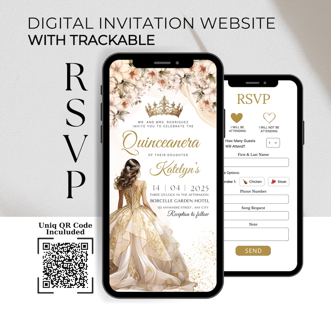 Ivory & Gold Floral Quinceanera Invitation Website With Online RSVP and ...