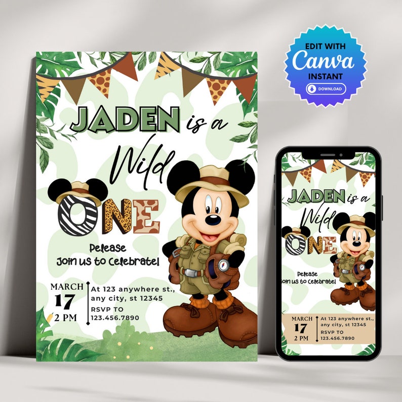 1st Birthday Mickey Mouse Invitation: Safari Wild One (digital Download ...