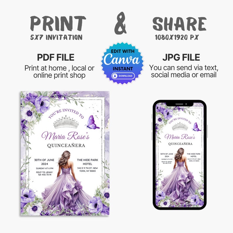 Lilac Floral Silver Quinceanera Invitation, Lavender Purple Princess ...