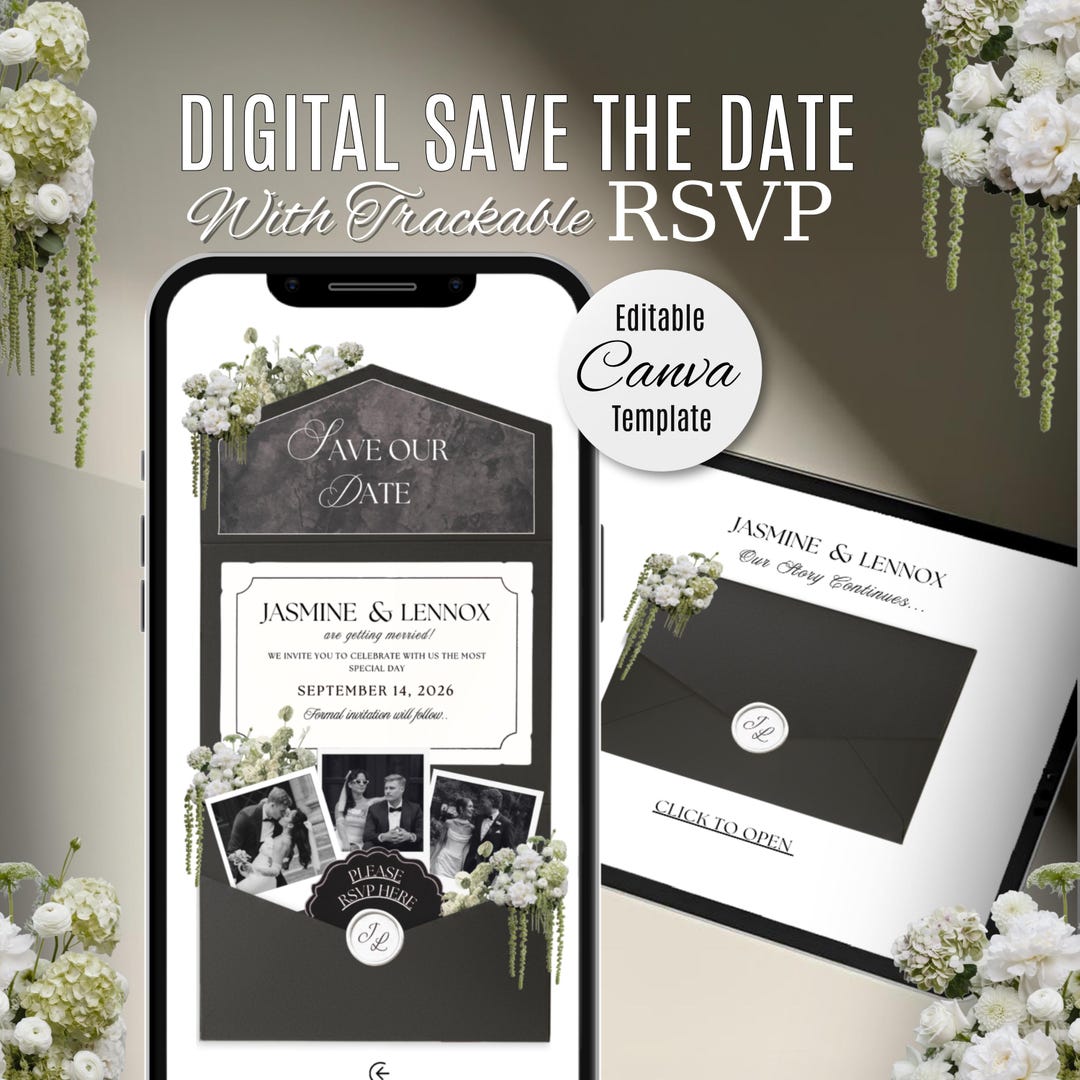 Black & White Floral Wedding Save the Date Website With RSVP: Editable ...