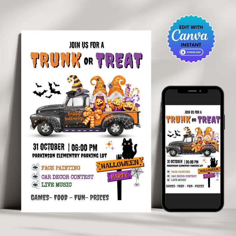 Trunk or Treat Halloween Flyer Editable Template, Neighborhood Party ...