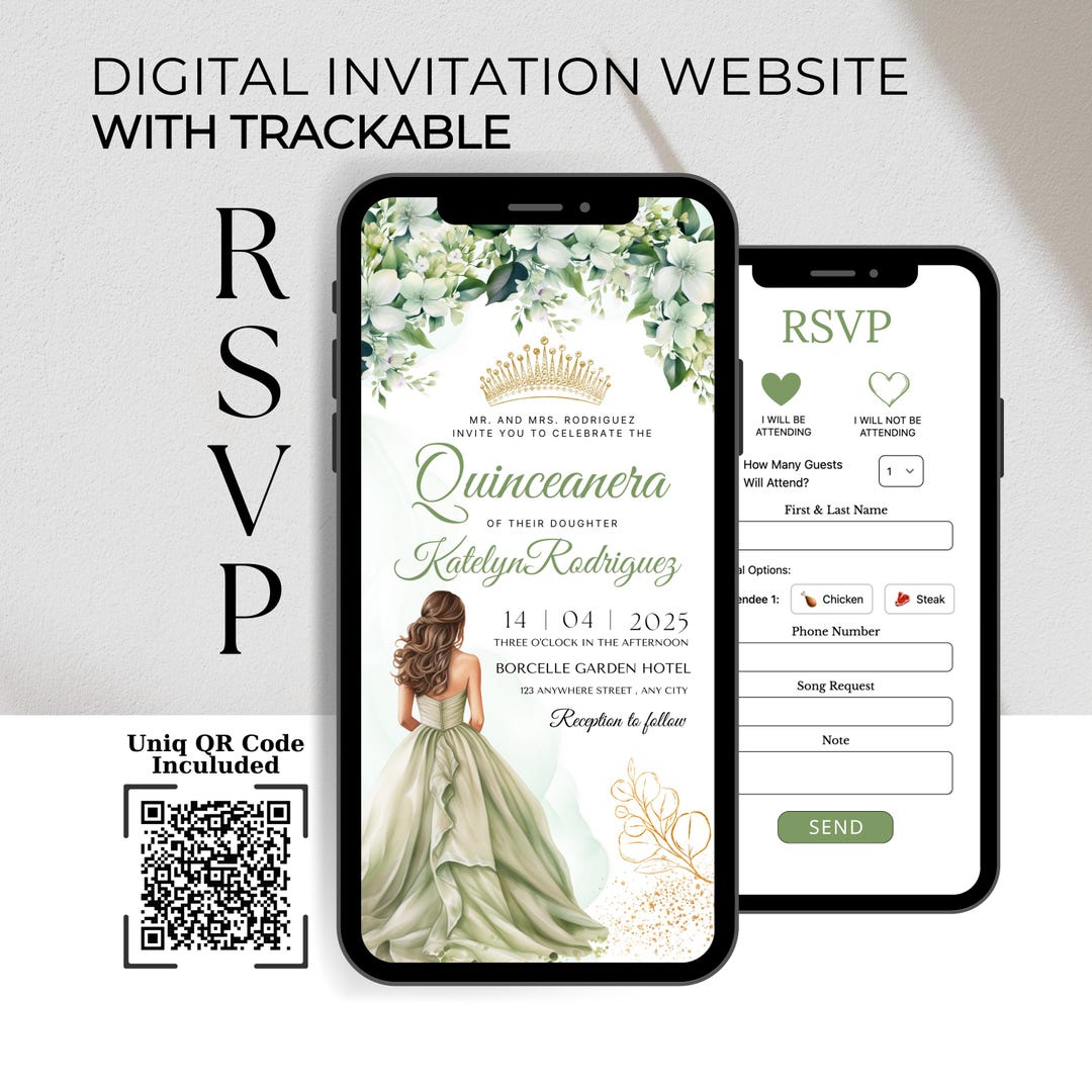 Quinceanera Website Template & Online RSVP, Sage Green Princess Quince ...