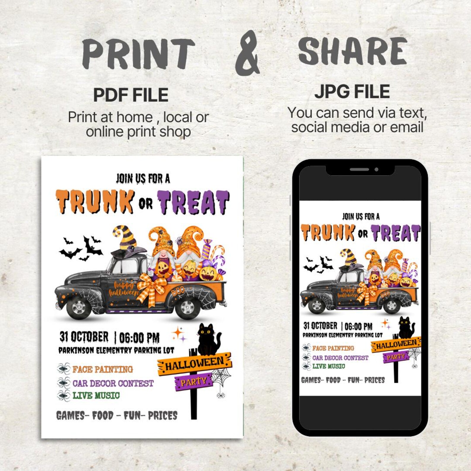 Trunk or Treat Halloween Flyer Editable Template, Neighborhood Party ...